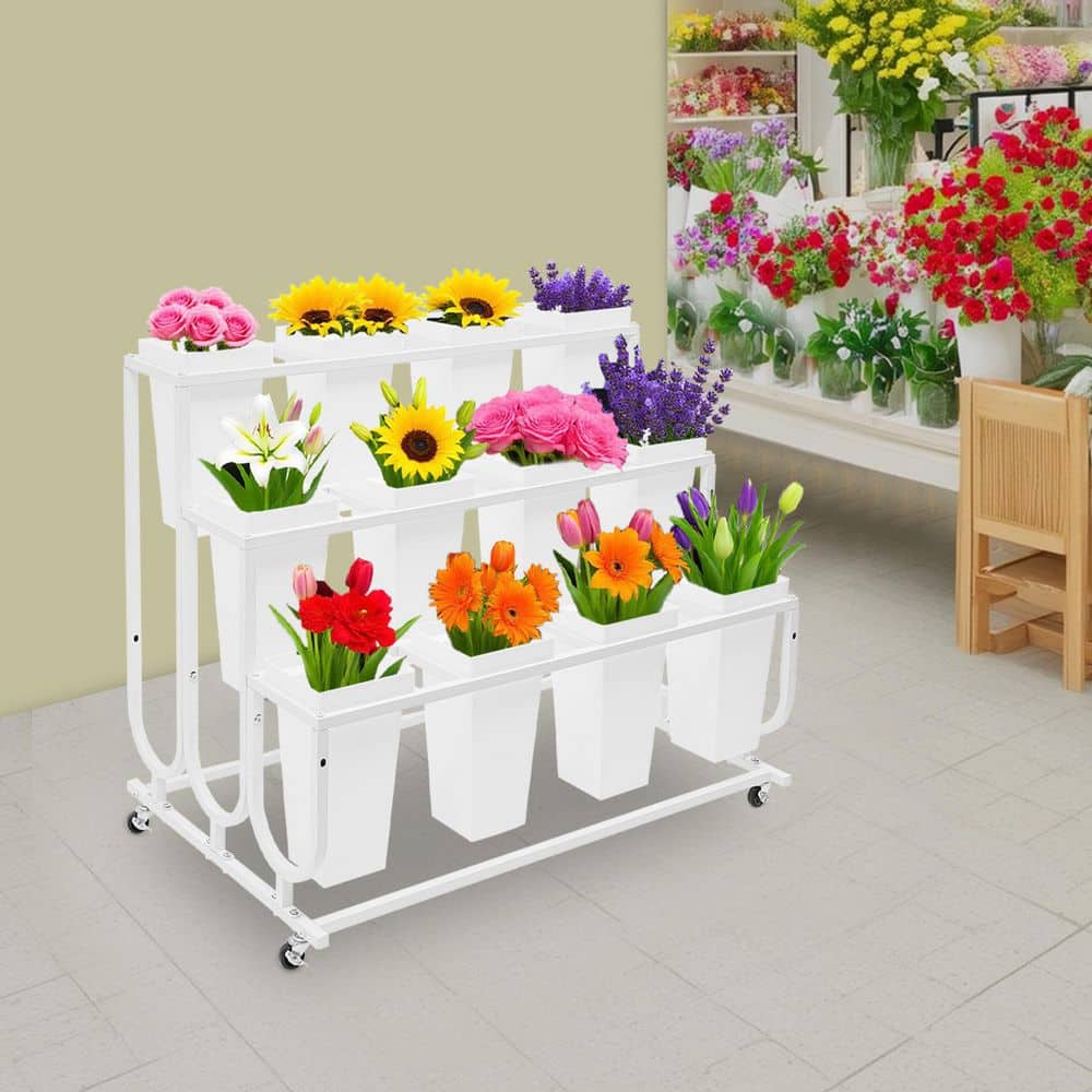 YIYIBYUS White 35 in. Metal 3-Tier Flower Display Stand Flower Shop ...