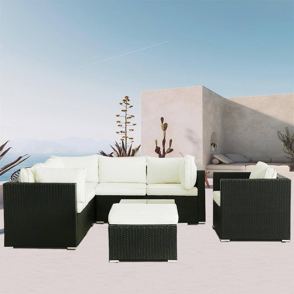 Cesicia Black 8-Piece Wicker Patio Conversation Set with Beige Cushions ...