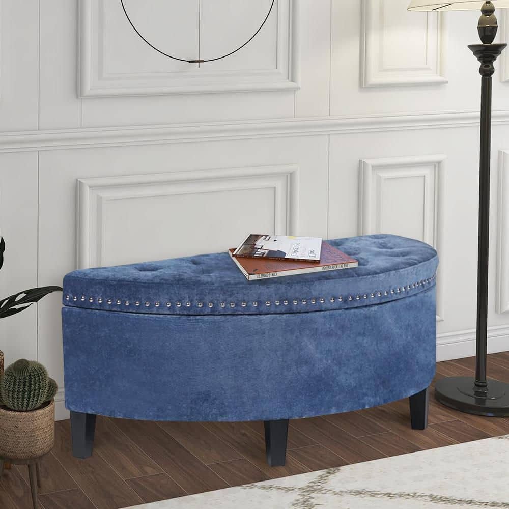 43.5 in. Flip Top Half Moon Blue Velvet Upholstered Storage Bench ...