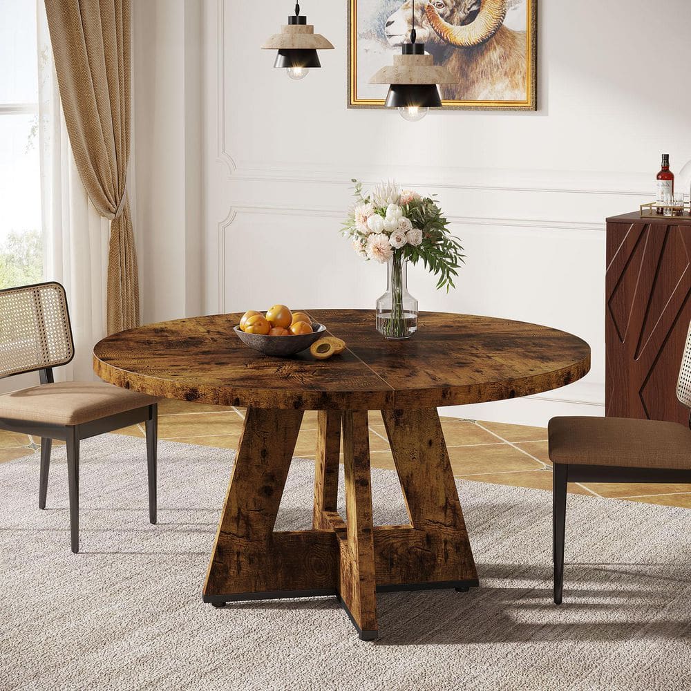 BYBLIGHT Roesler Farmhouse Rustic Brown Wood 47 in. W Pedestal Dining ...