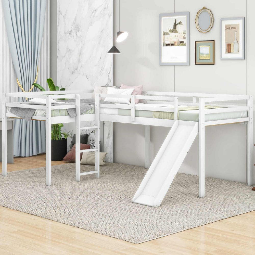 Polibi L-Shaped Twin Size Loft Bed with Ladder and Slide, White RS ...