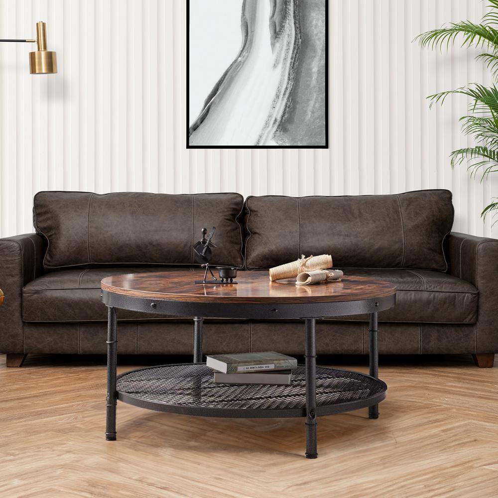 Saddie 35.4 in. Walnut Round Wood Coffee Table with 3D Texture Metal ...