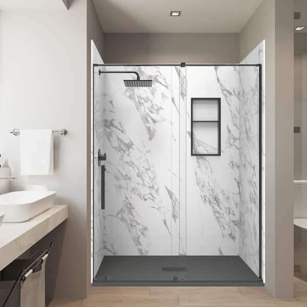 CASTICO 60 in. x 36 in. x 84 in. Alcove Solid Composite Stone Shower ...