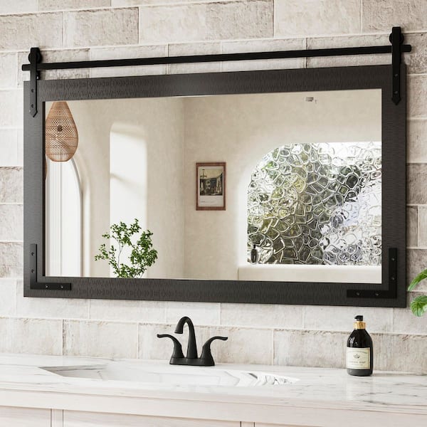 KeonJinn 40 in. W x 26 in. H Rectangular Barn Door Black Mirrors Wood ...