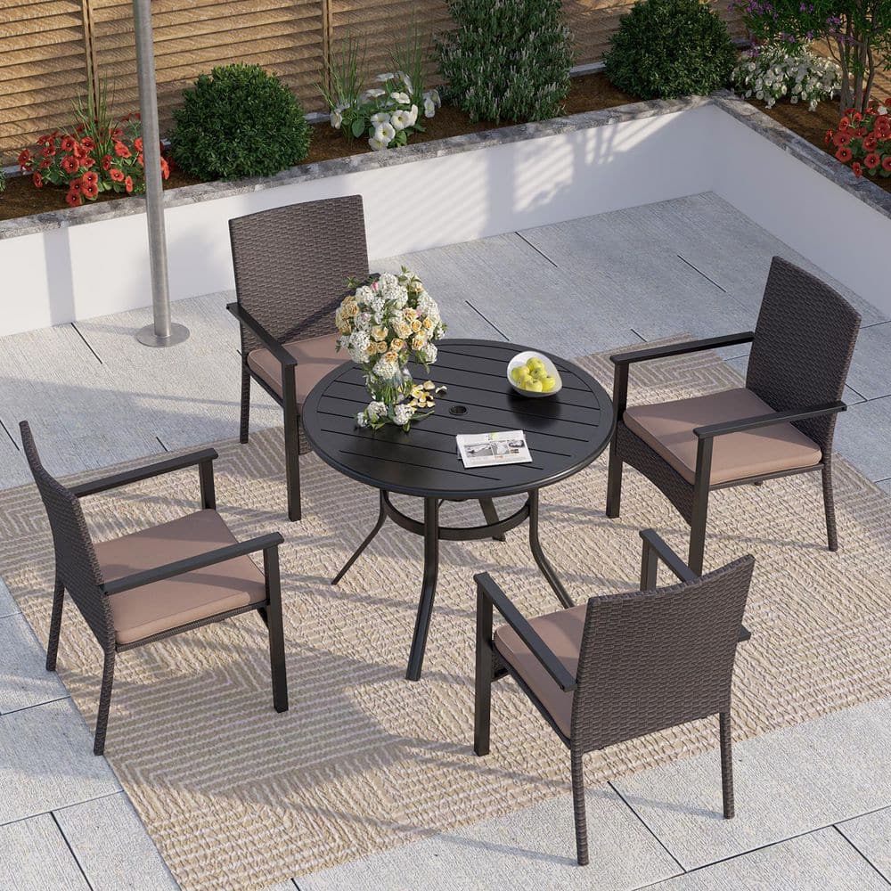 PHI VILLA Black 5-Piece Metal Slat Round Table Patio Outdoor Dining Set ...