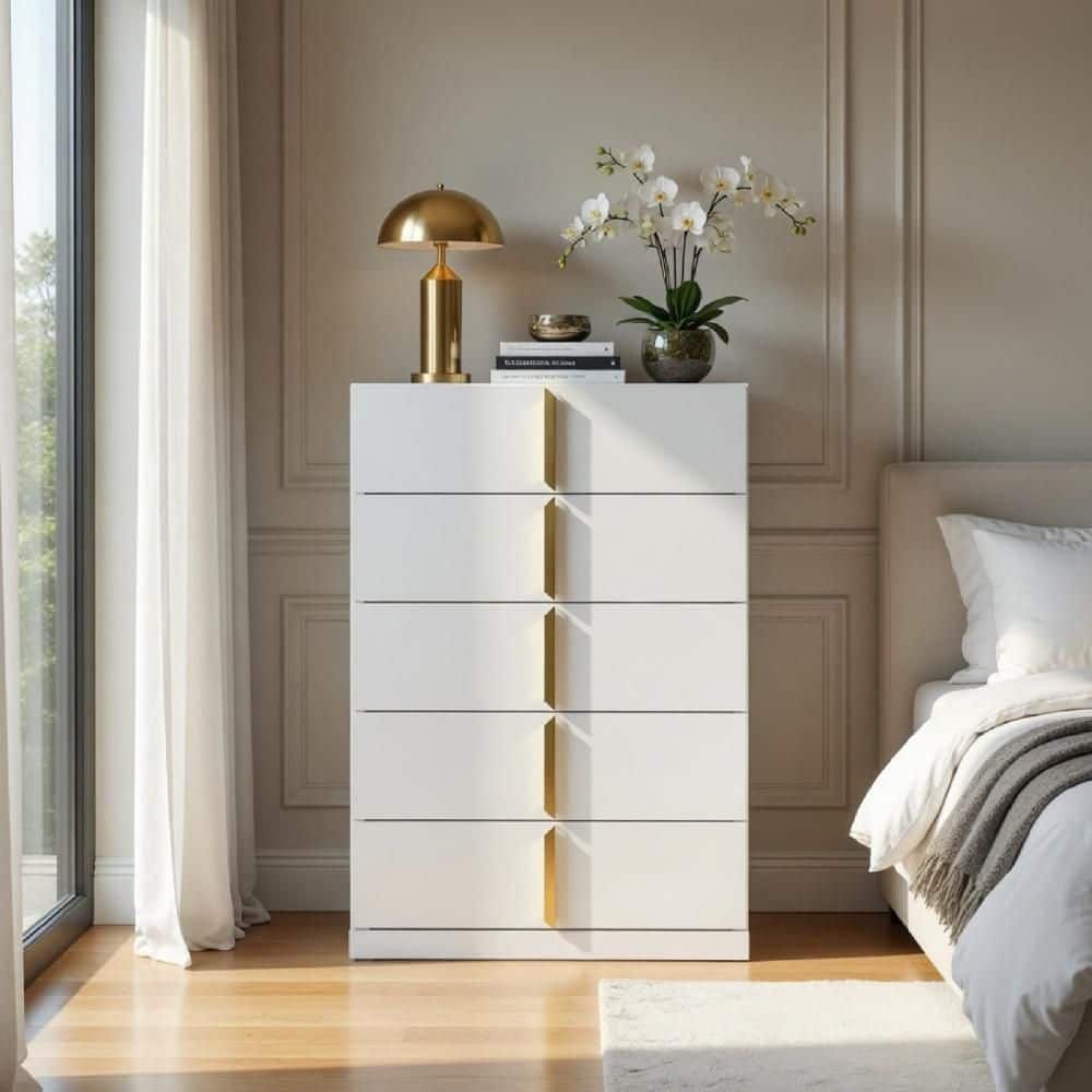 Benjara Orion White and Gold 5 Drawer 33.5 in. Tall Dresser Chest with ...