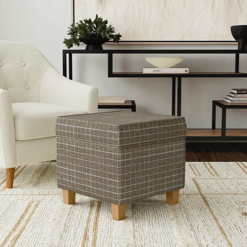 Homepop Brown Window Pane Fabric Square Ottoman with Storage Lift Off ...