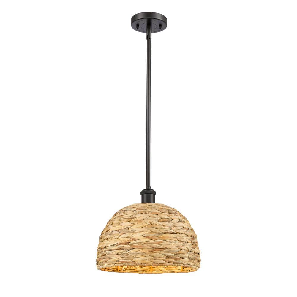 Innovations Woven Rattan 100-Watt 1-Light Oiled Brass Shaded Mini ...