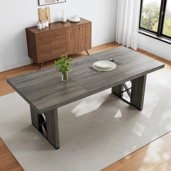 GOJANE 70.8 in. Farmhouse Gray MDF Top Wooden Legs Dining Table ...
