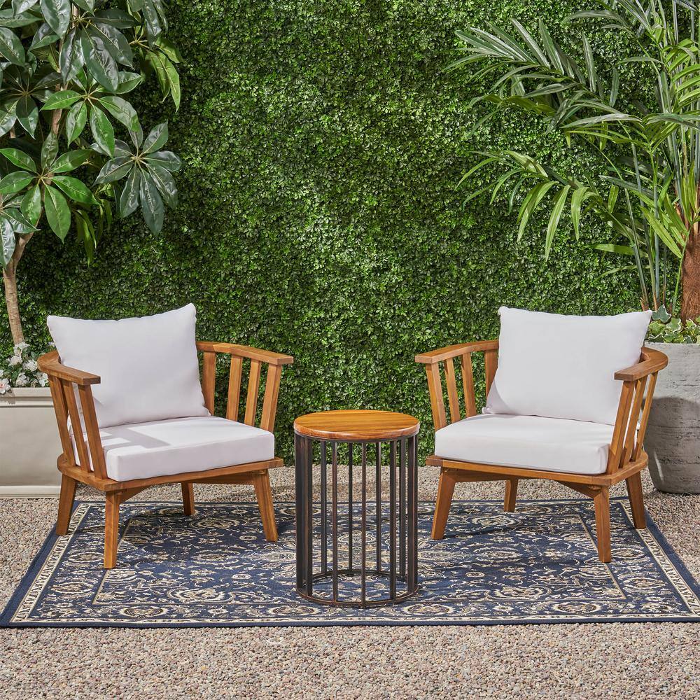 Noble House Horatio Teak Brown 3-Piece Wood Outdoor Patio Conversation ...