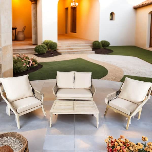 moda furnishings Hawise 4-Piece Acacia Wood Patio Outdoor Conversation ...