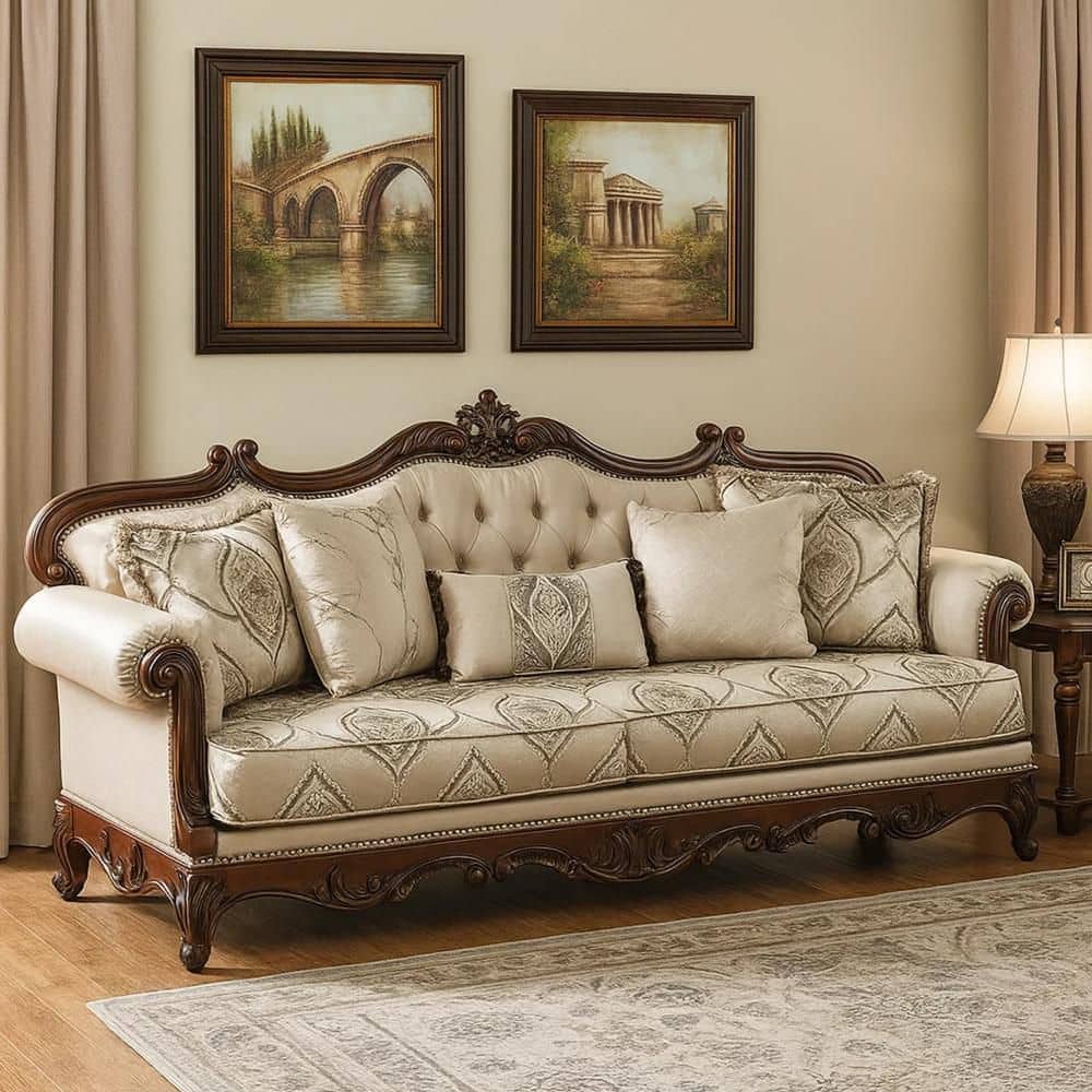 Benjara Vera 90 in. Round Arm Fabric Rectangle Sofa in. Cherry Brown ...