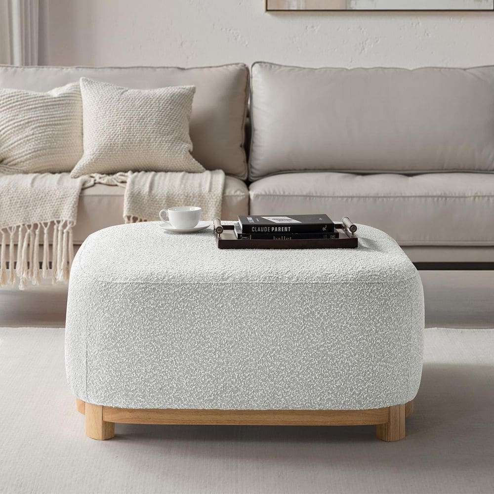 JAYDEN CREATION Aletia Dove Chenille Rectangle Ottoman with Solid Wood ...