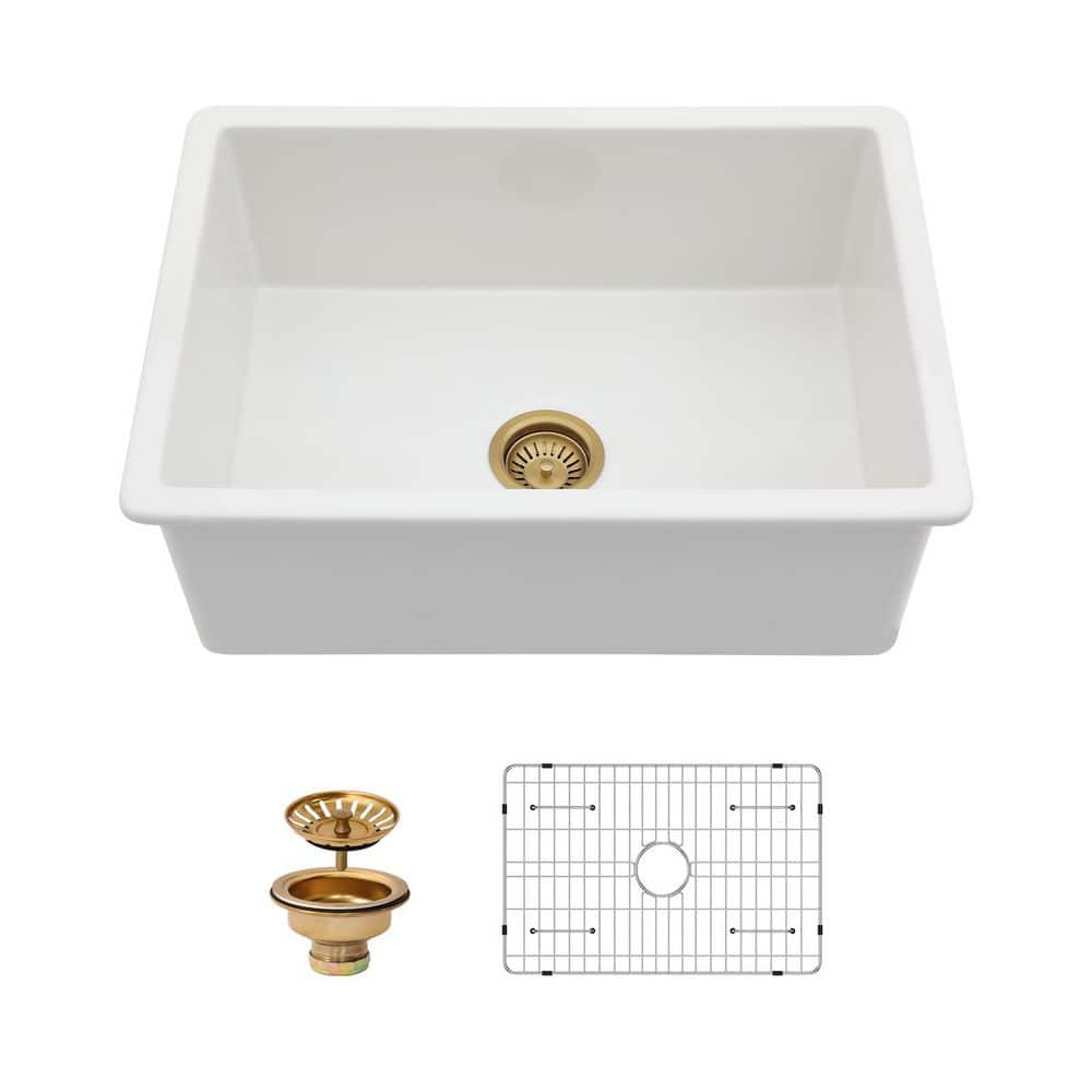 Sarlai 27 in. Undermount Single Bowl Glossy White Ceramic Kitchen Sink ...
