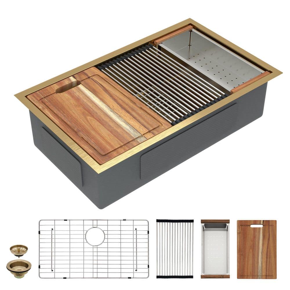 Fulorni 36 in. Undermount Single Bowl Workstation Kitchen Sink, 16 ...