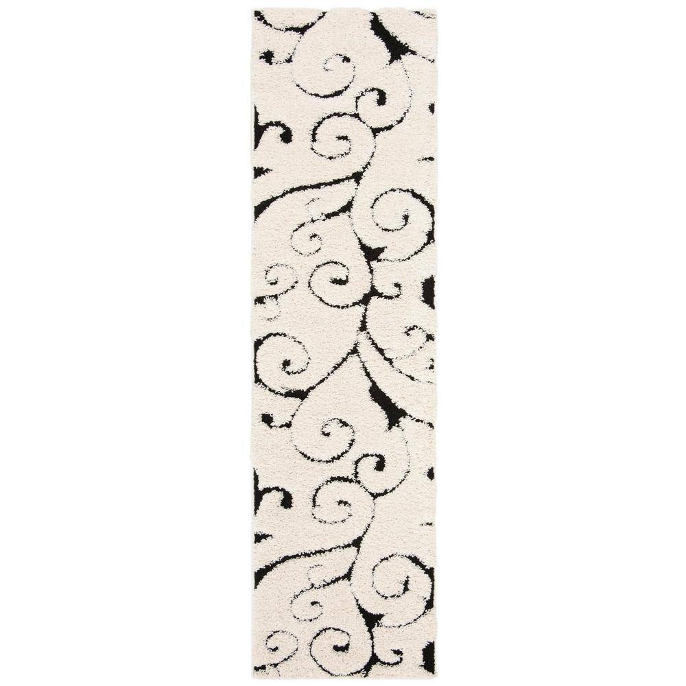 SAFAVIEH Florida Shag Ivory/Black 2 ft. x 15 ft. Floral Runner Rug ...
