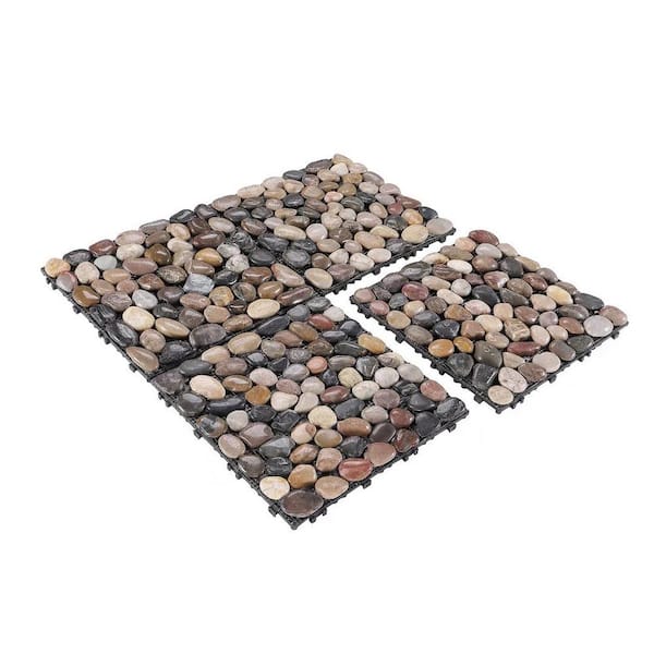 PURE ERA 12 in. x 12 in. Multi Colored Polished Pebble Stone Interlocking Floor Deck Tiles Easy ...