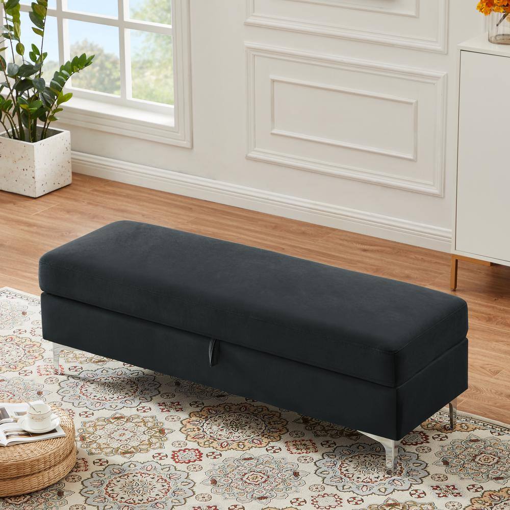 KINWELL 55.9 in. W Black Rectangle Footstool with Storage Ottoman ...