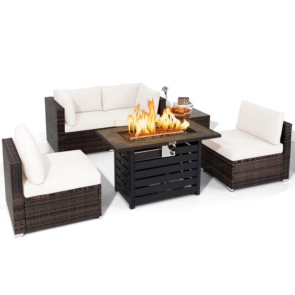 Costway 6-Piece Plastic Wicker Patio Conversation Set with Off White ...