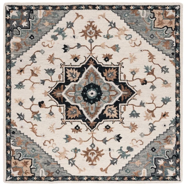SAFAVIEH Heritage Ivory/Gray 6 ft. x 6 ft. Floral Medallion Square Area ...