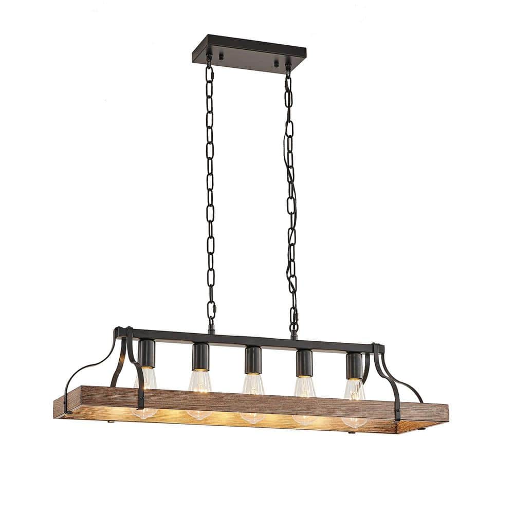 5 Light Walnut Industrial Modern Farmhouse Rectangular Chandelier for ...