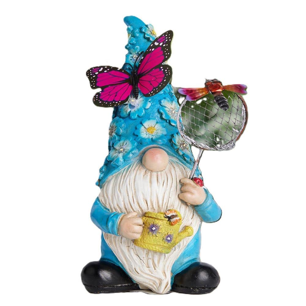 Phewnyzo 4.1 in. x 4.4 in. x 9.97 in. Solar Garden statue Blue Gnomes with Butterfly on LED ...