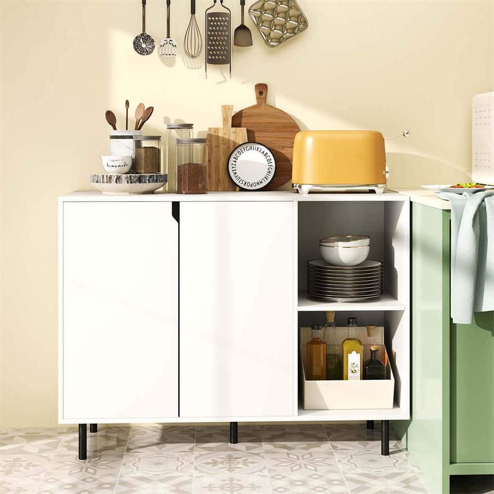 Costway White Particle Board Kitchen Sideboard Buffet with Adjustable ...
