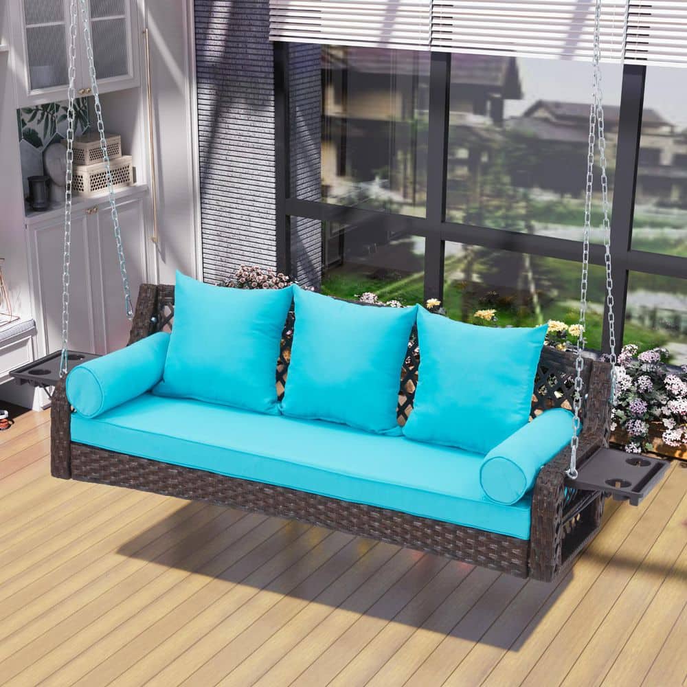 Ama pear 56 in. 3-Person Brown Wicker Porch Swing, Patio Swing with Cup ...