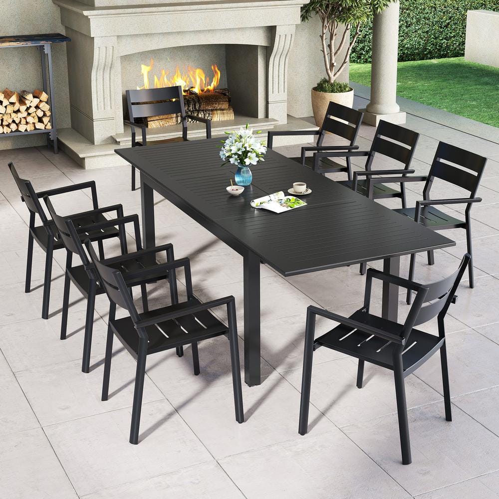 Pellebant 9-Piece Aluminum Rectangular Expandable Outdoor Dining Set ...