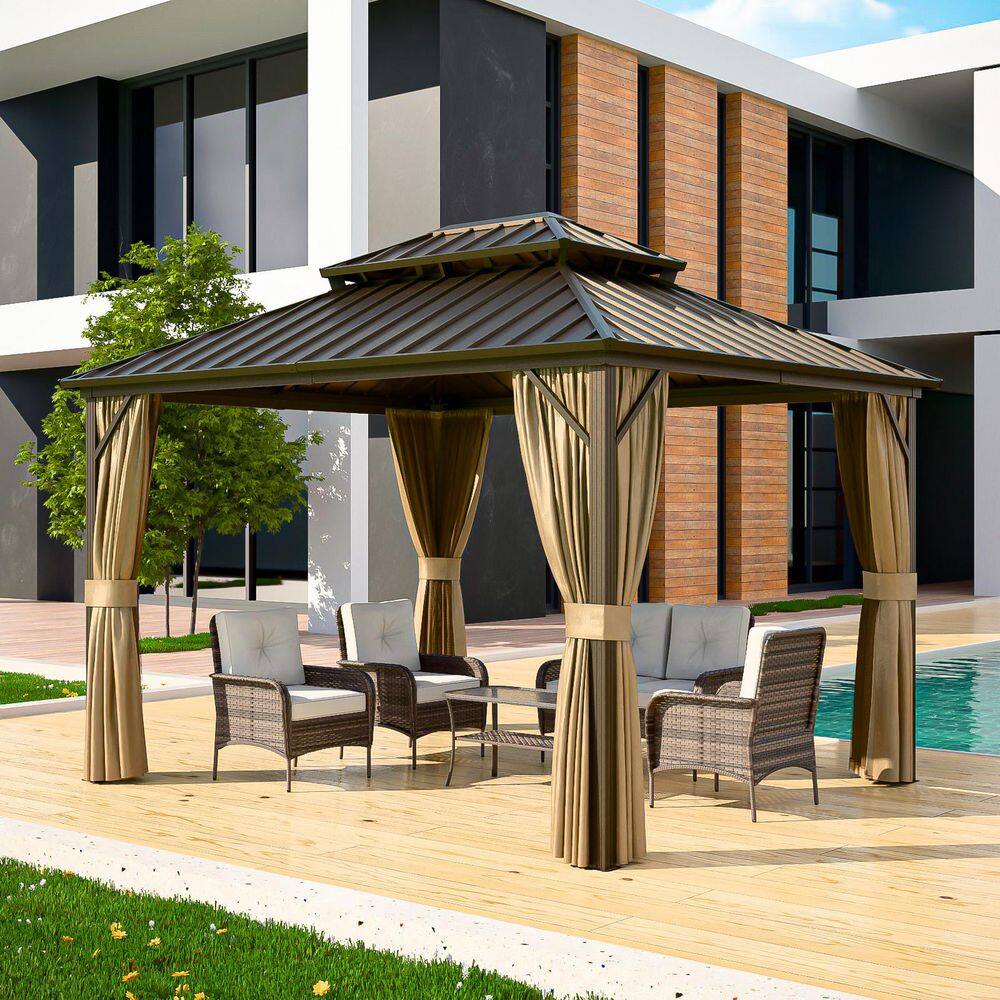 COOS BAY 12 ft. W x 10 ft. D Galvanized Steel Roof Aluminum Hardtop Gazebo with Curtain and ...