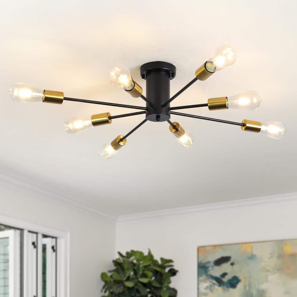 Reviews for LWYTJO Theis 30.12 in. 8-Light Black/Gold Semi Flush Mount Sputnik Chandelier Linear ...