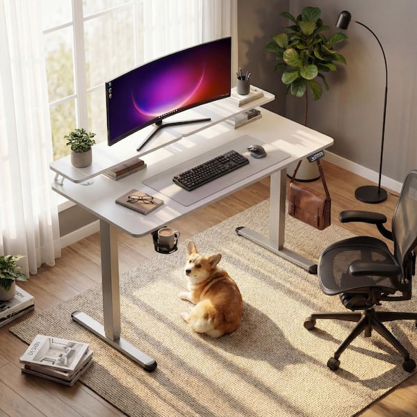 LACOO 55 in. Rectangular White Electric Standing Desk with Monitor ...