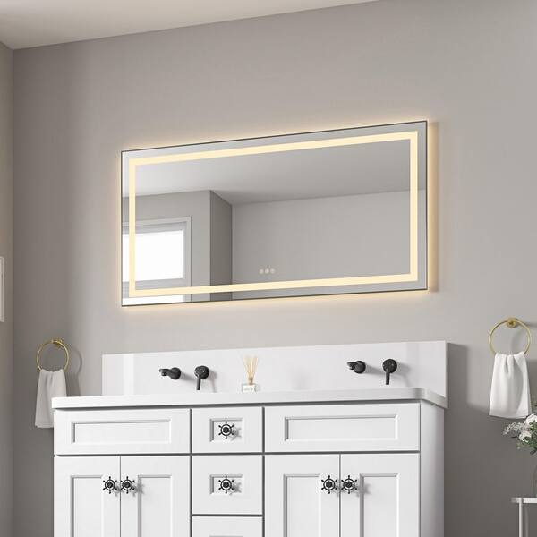 Gun Ash 55 in. W x 28 in. H LED Aluminum Frame Wall Mirror with Anti ...