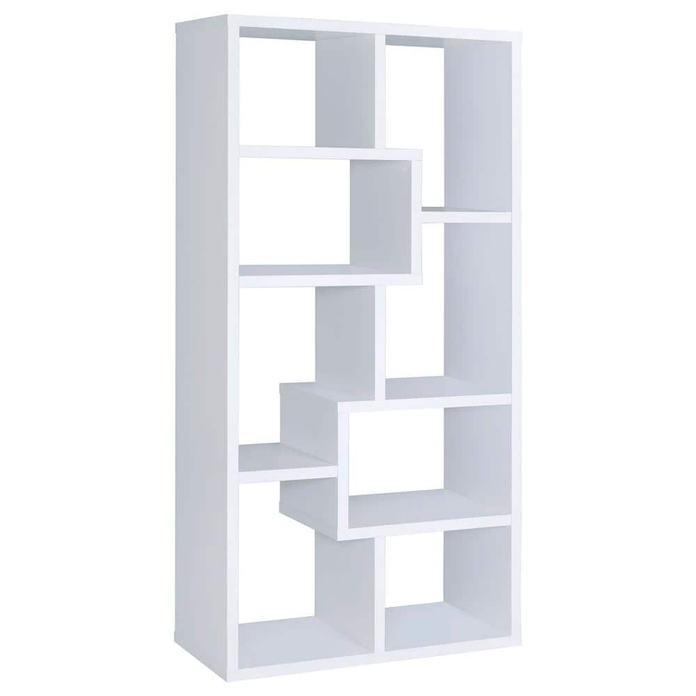 Coaster Theo 70.75 in. Tall White Wood 10-Shelf Geometric Bookcase ...