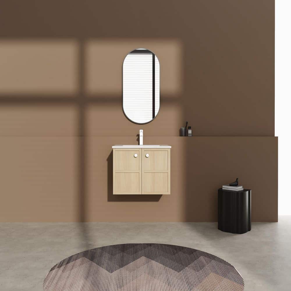 UPIKER Gavino 24 in. W x 18.13 in. D Single Sink Floating Original Oak Bath Vanity with White ...