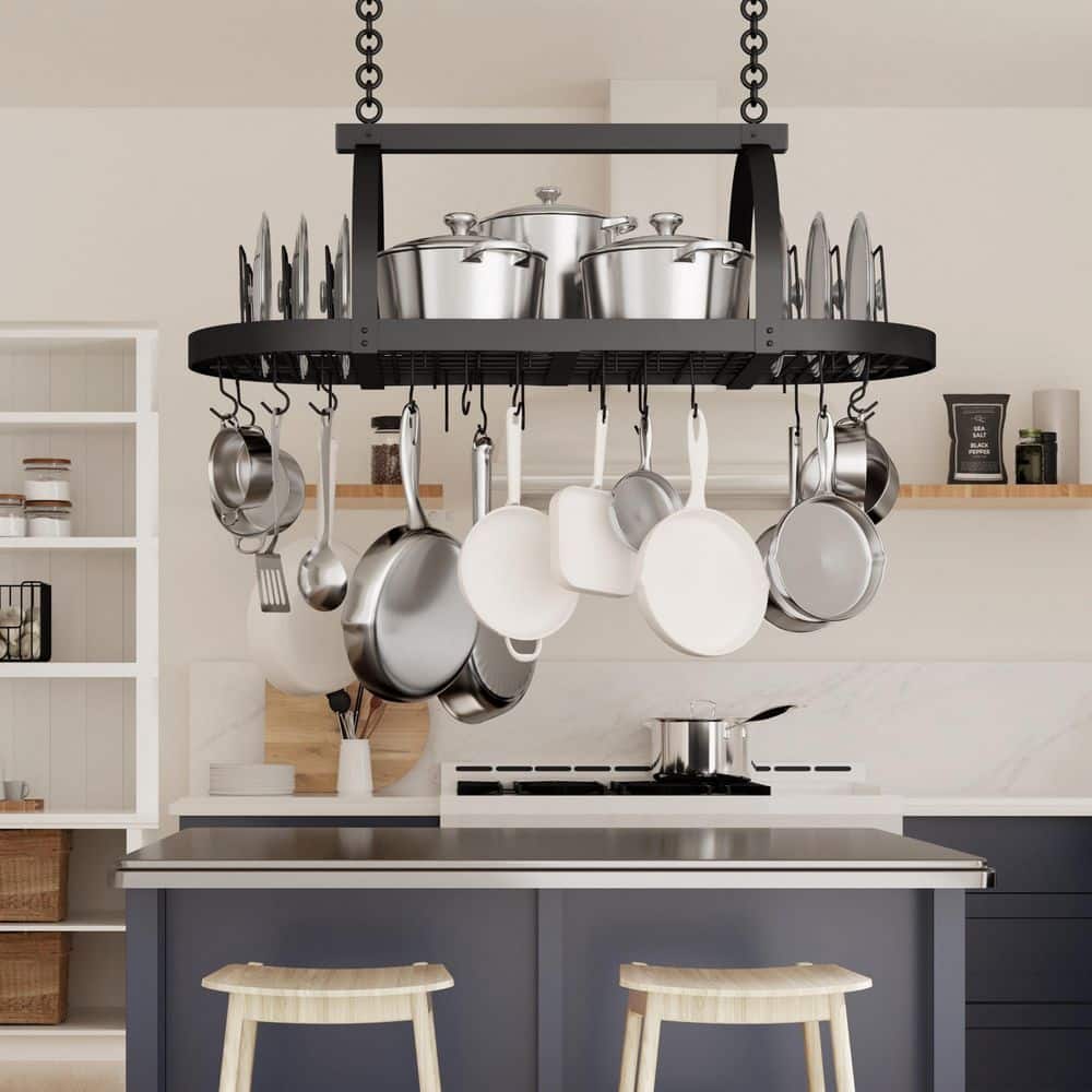KES 48 in. Ceiling Hanging Oval Pot Rack with Pot Lid Rack and 20 S ...