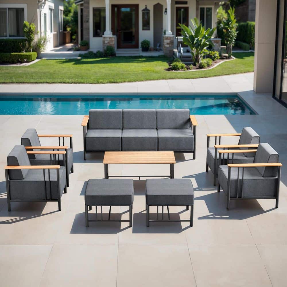 Opohoro Puffin 8-Piece Black Metal Patio Conversation Set with Sofa ...