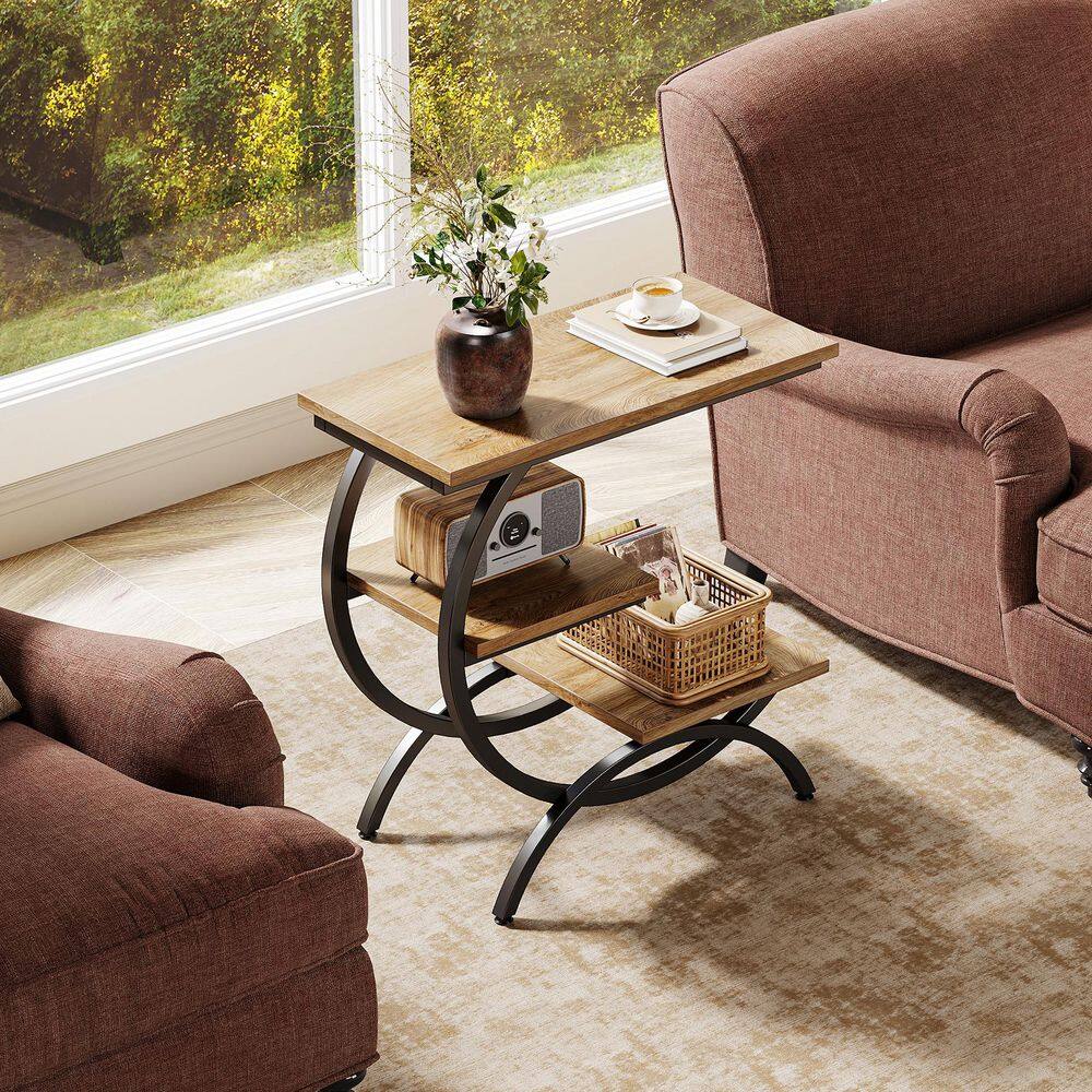 BYBLIGHT Kerlin 23.6 in. Light Brown Wood and Metal C-Shaped End Table ...