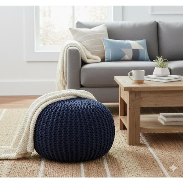 Noble House Benno Navy Blue Knitted Cotton Round Pouf Ottoman 110980 ...