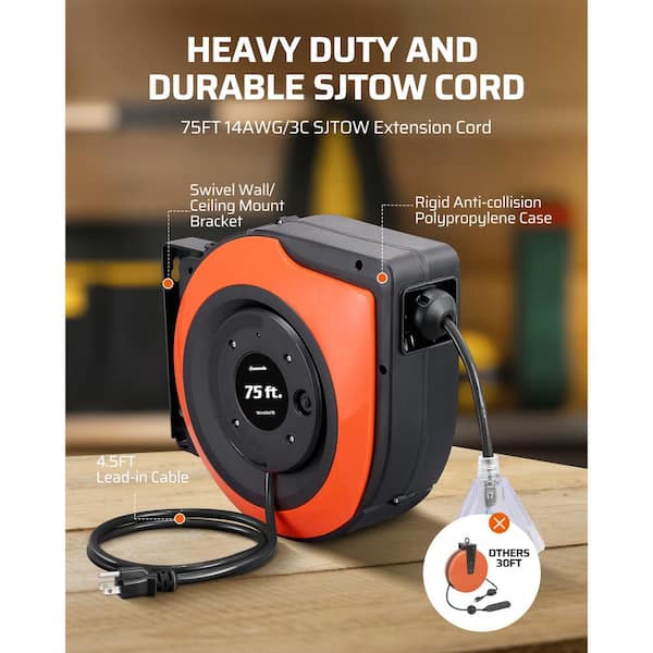 DEWENWILS 75 ft. 14/3 SJTOW 13 Amp Retractable Extension Cord Reel with Lighted Triple Tap ...