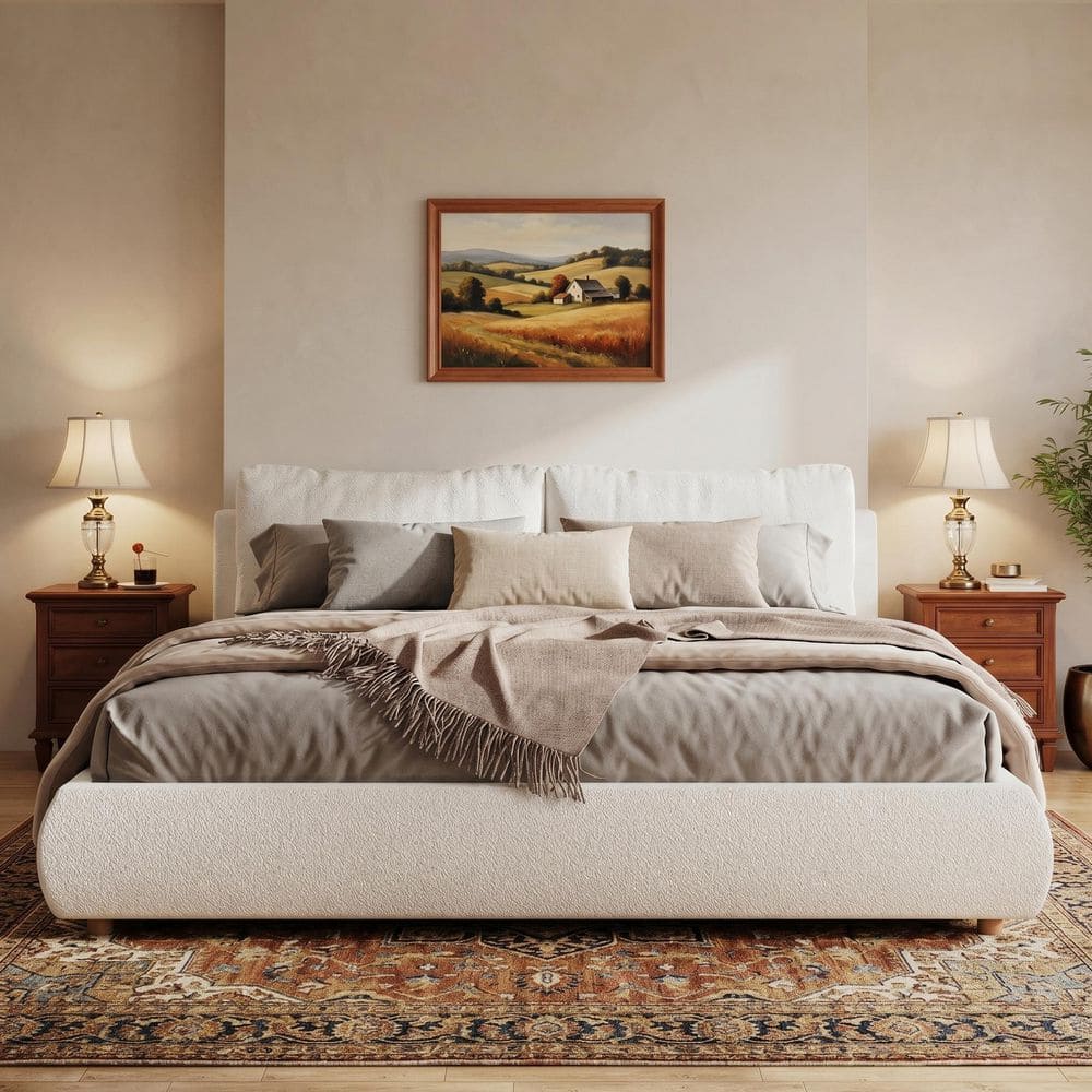 Harper & Bright Designs Off White Wood Frame King Size Boucle ...