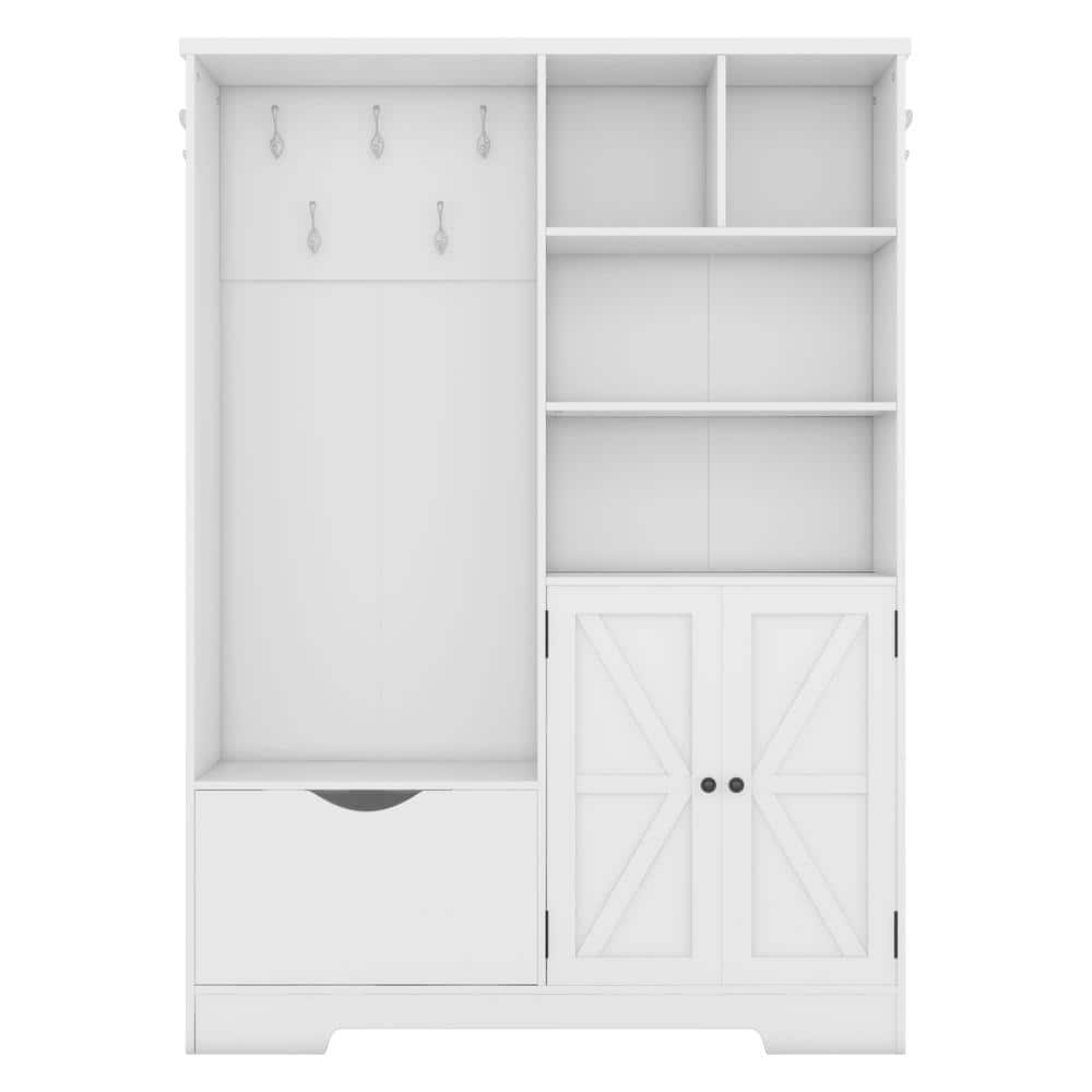 URTR White Hall Tree with Storage Shelves, Drawer and Cabinet Wooden ...