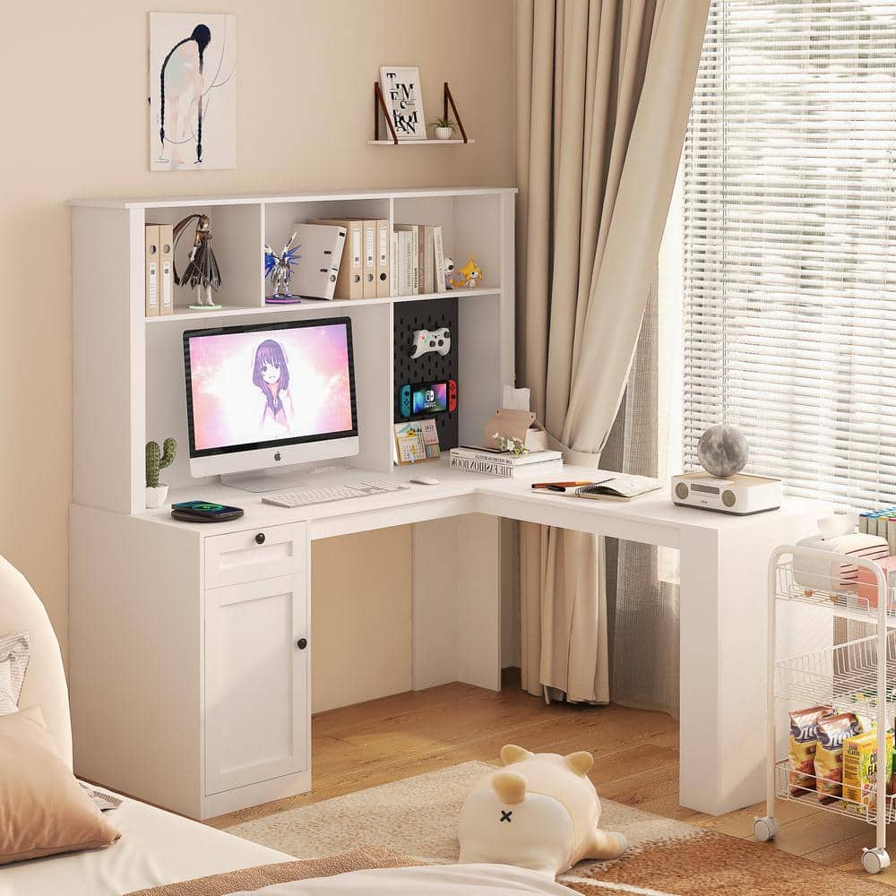 J&E Home 59 in. L-Shaped White Wood 3-Drawer Computer Corner Study ...