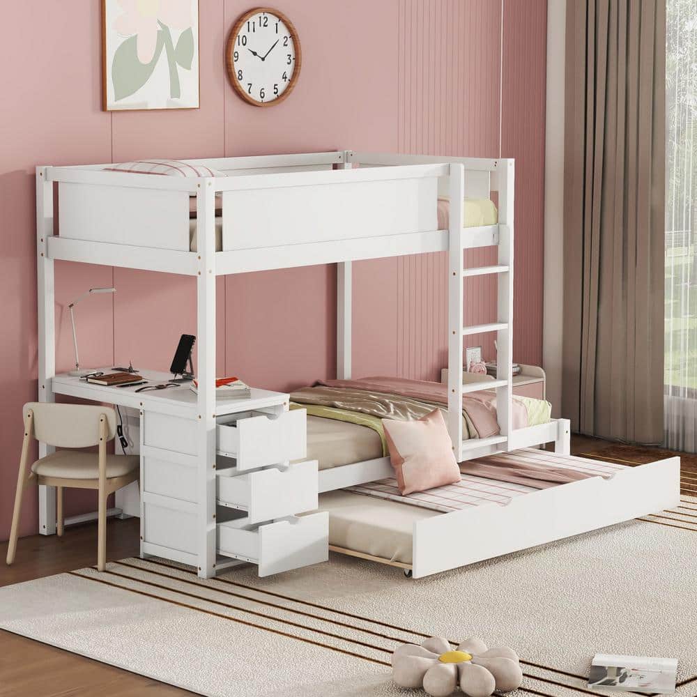 Polibi Twin-over-Twin Bunk Bed with Twin size Trundle, Storage and Desk ...