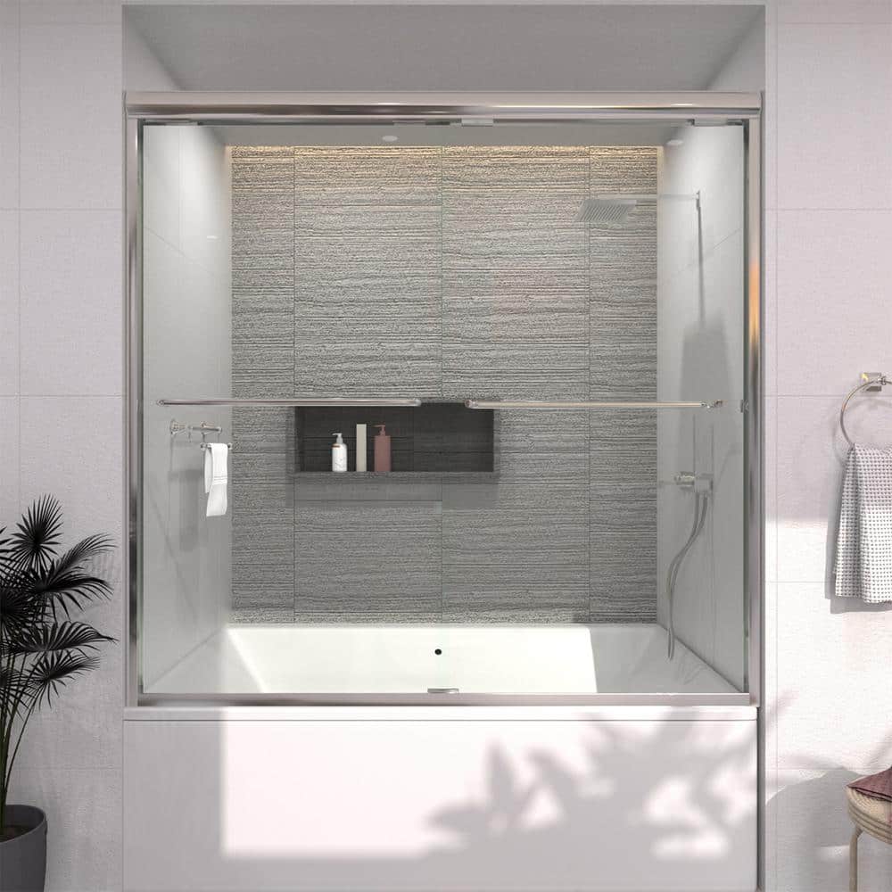 TaiMei 60 in. W. x 56 in. H Sliding Semi Frameless Tub Door in Chrome ...