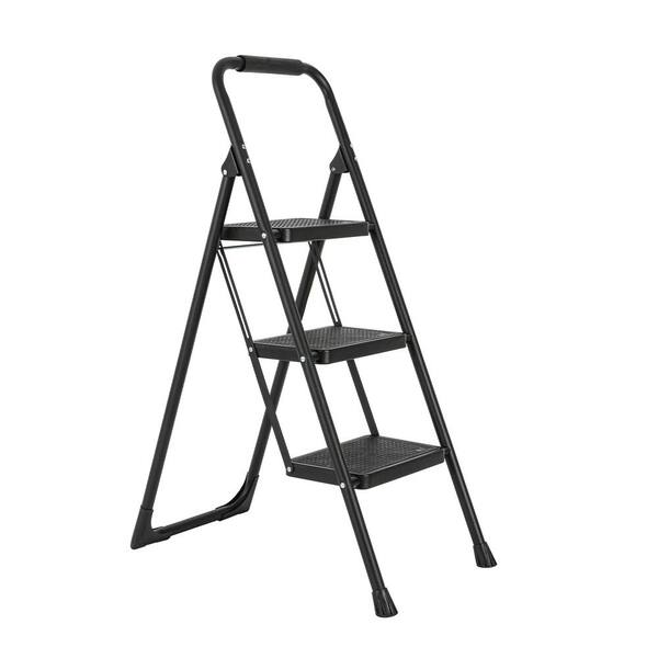 maocao hoom 3.5 ft. Reach 3-Step Black Iron Ladder Foldable Non-Slip ...
