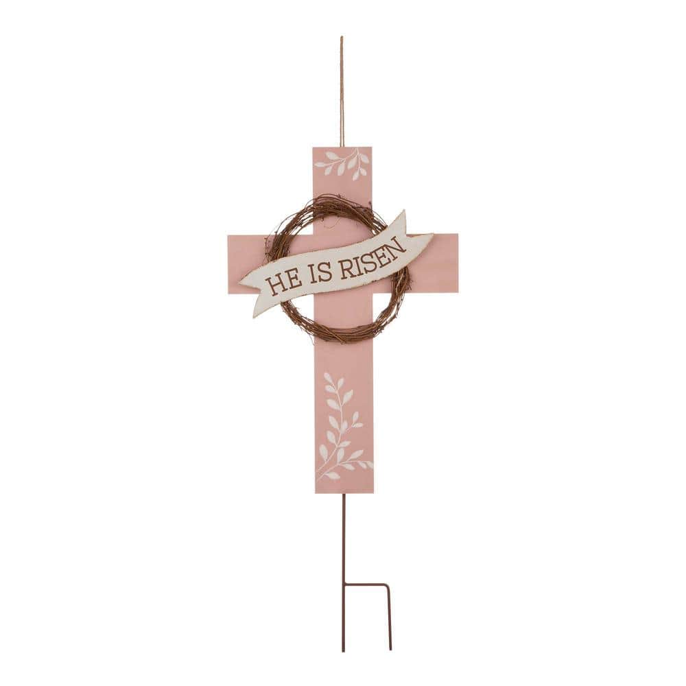 Glitzhome 32 in. H Easter Wooden/Metal Cross Yard Stake or Wall Decor ...