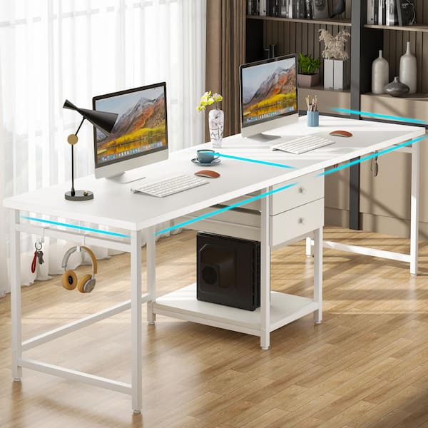 TRIBESIGNS WAY TO ORIGIN Perry 78 in. Rectangle White Storage Shelves 2 Drawers Computer Double Desk Large Long Writing Table Study Desks