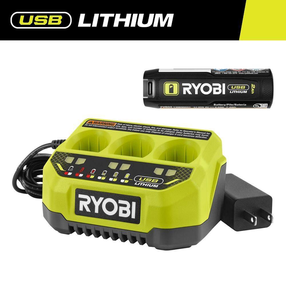 RYOBI USB Lithium 3-Port Charger with USB Lithium 2.0 Ah Lithium ...