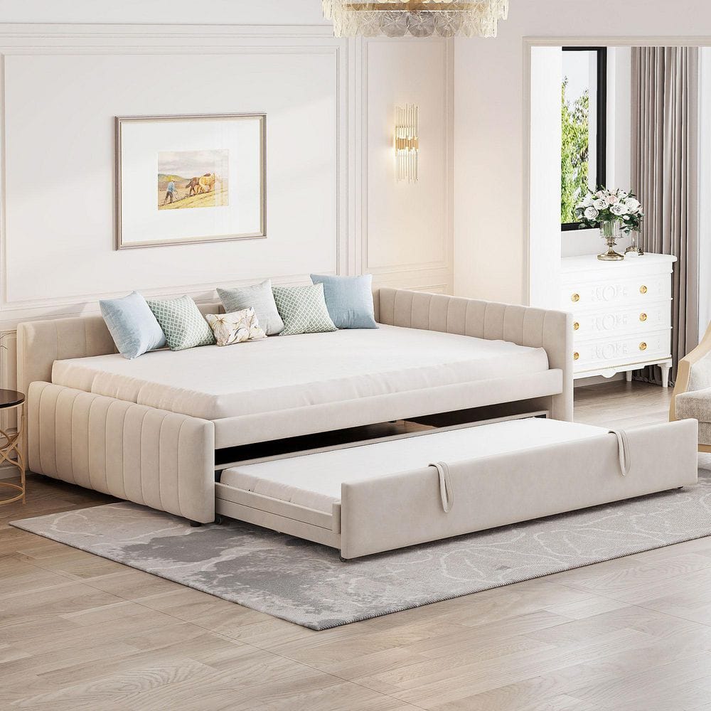 Nestfair Beige Full Size Upholstered L-Shaped Upholstered Daybed with ...